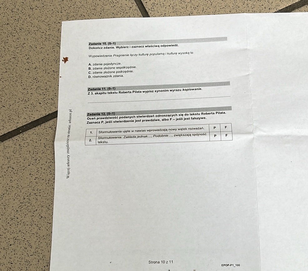 Zadanie 10. (0-1) Dokończ zdanie. Wybierz i | StudyX