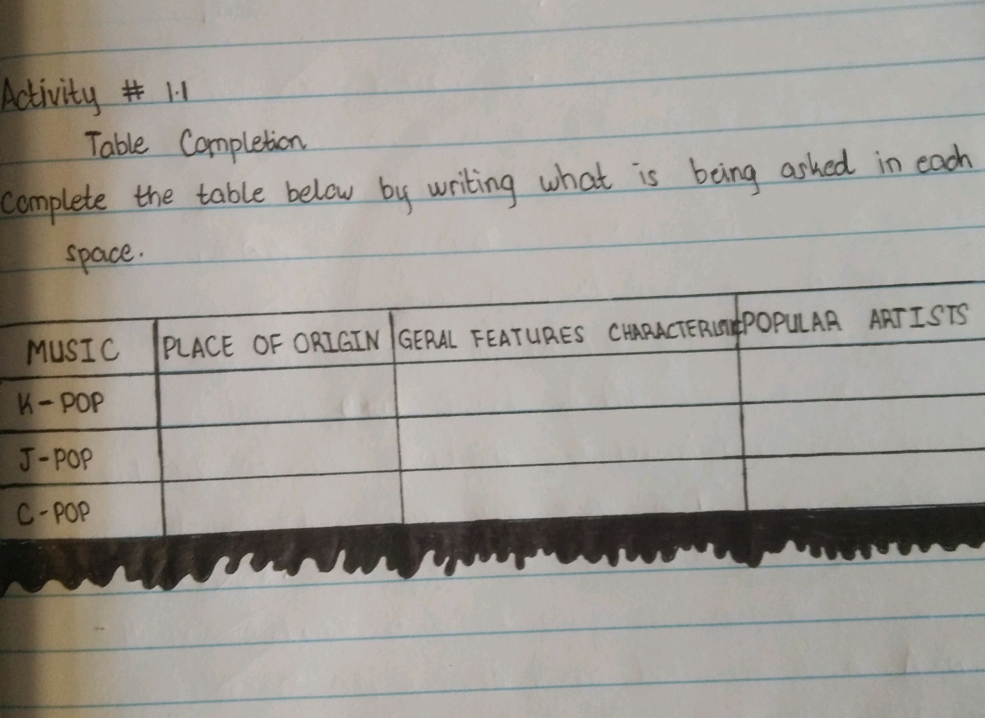 Activity # 1.1 Table Completion Complete | StudyX
