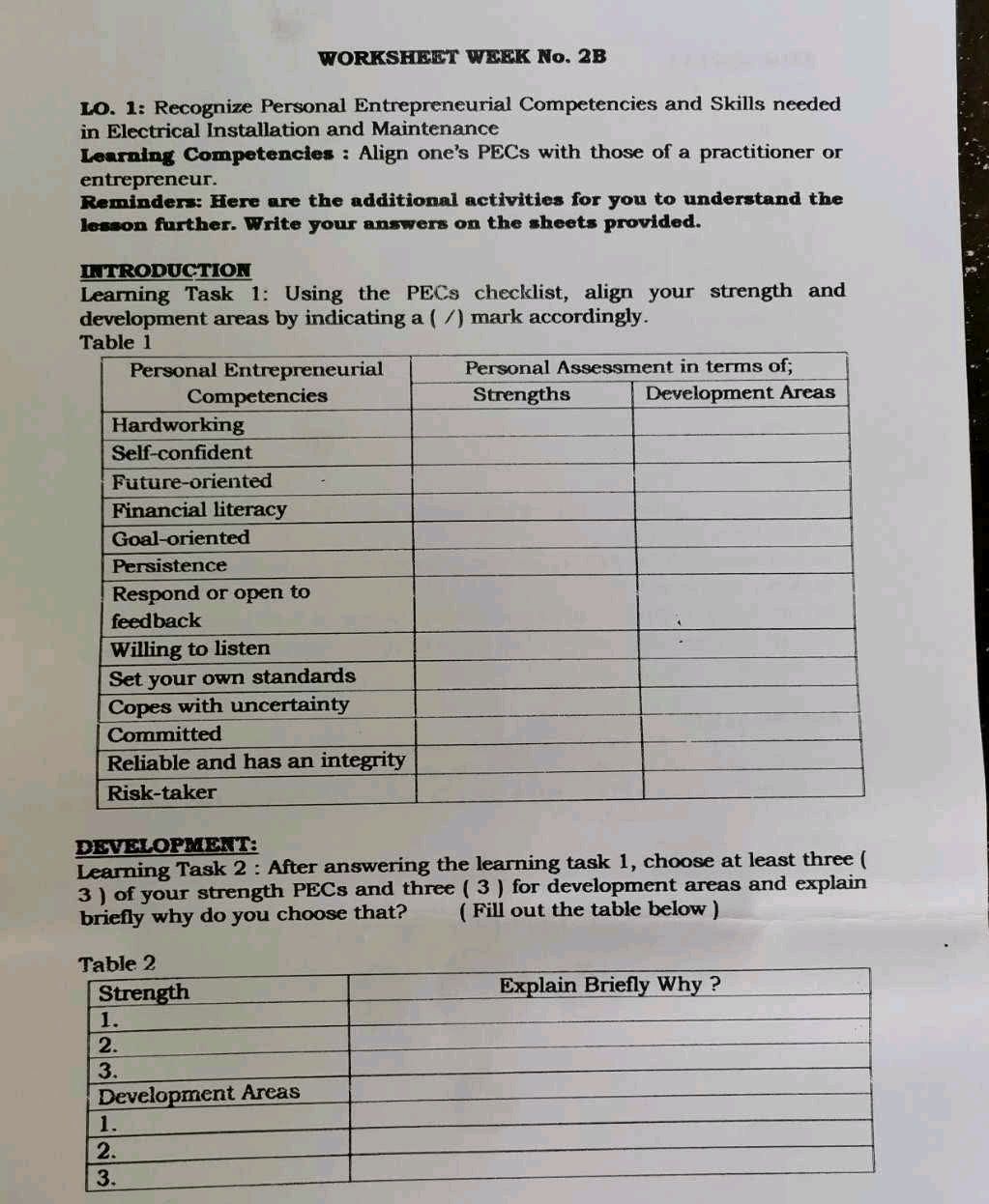 Learning Task 1: Using the PECs checklist, | StudyX