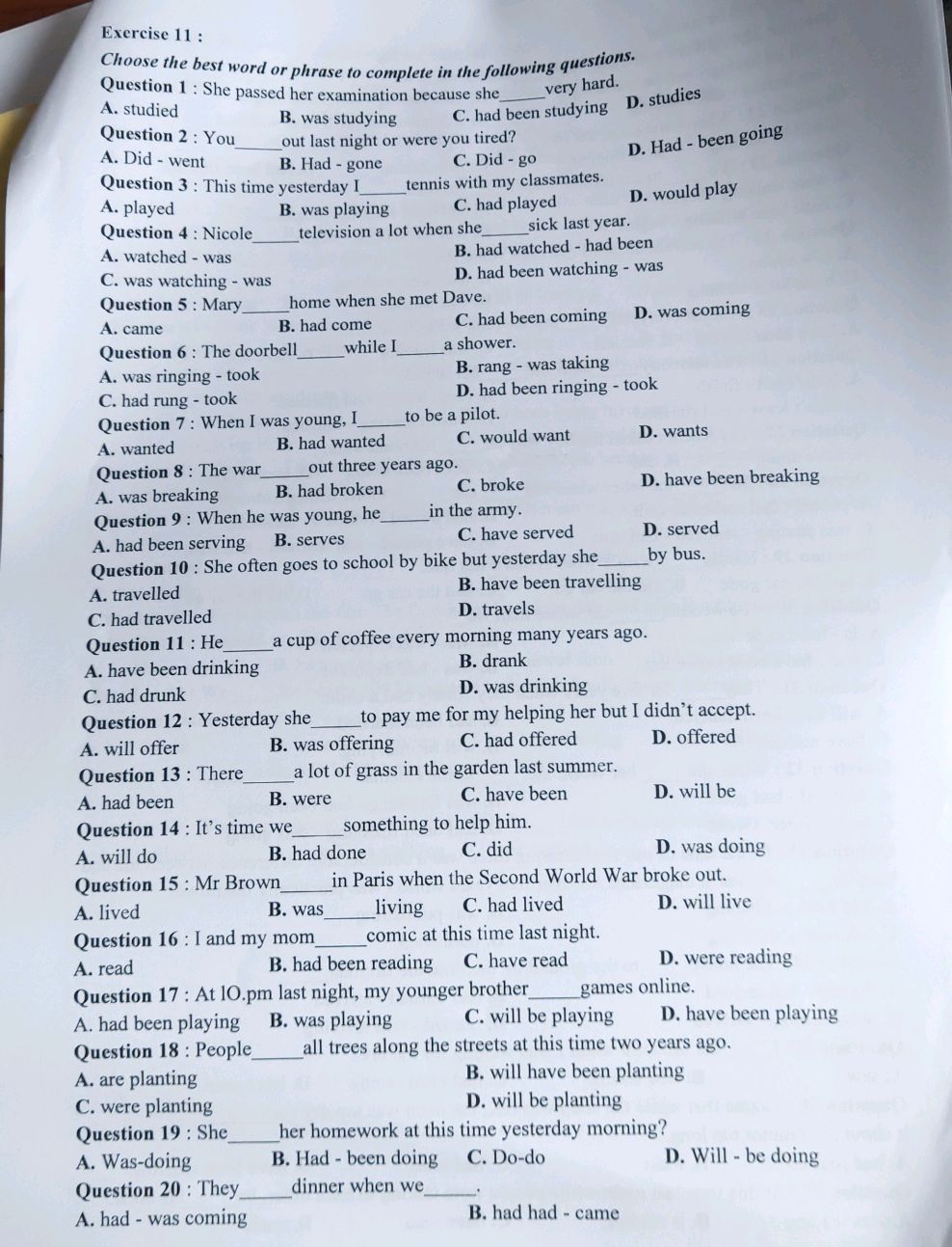 Exercise 11: Choose the best word or phrase | StudyX