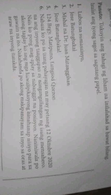 Panuto: Tukuyin ang bahagi ng liham na | StudyX