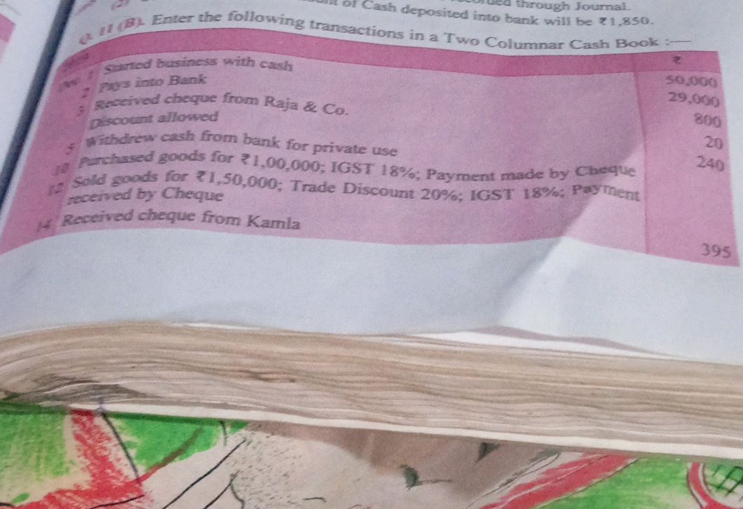 Q. 11 (B). Enter the following transactions | StudyX