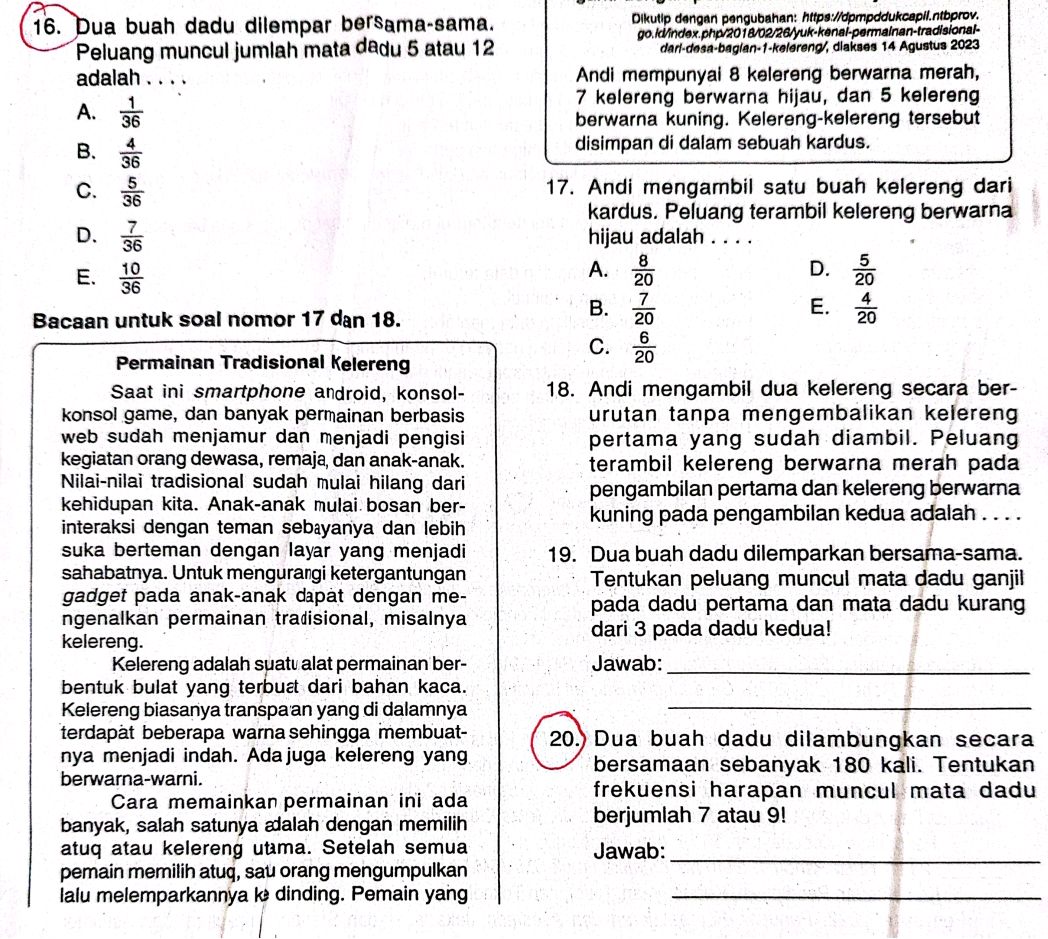 16. Dua buah dadu dilempar bersama-sama. | StudyX