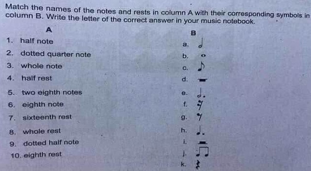 Match the names of the notes and rests in