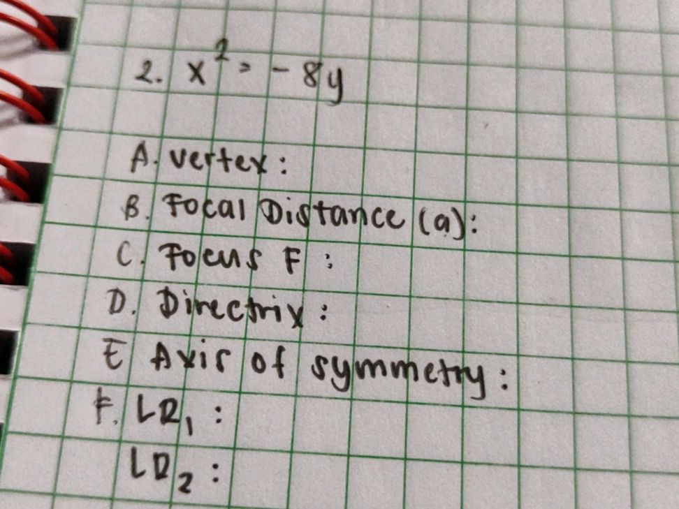 2. $x^2 = -8y$ A. vertex: B. Focal Distance | StudyX