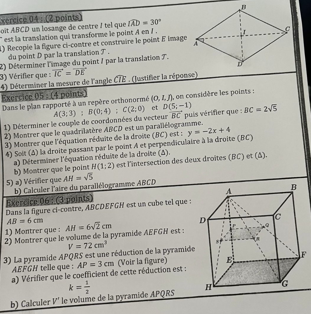 Exercice 04: (2 points) Soit ABCD un losange | StudyX