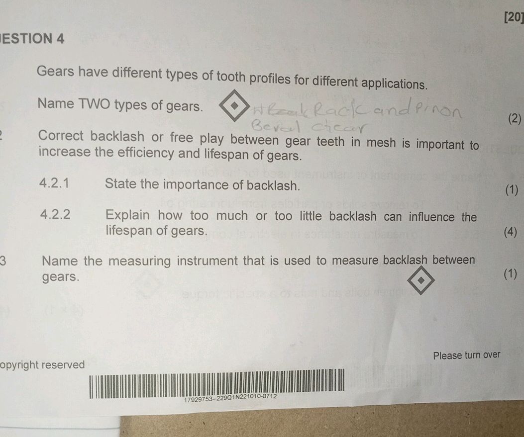 Name TWO types of gears. Correct backlash | StudyX