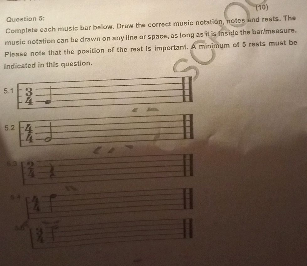 Question 5: Complete each music bar below. | StudyX