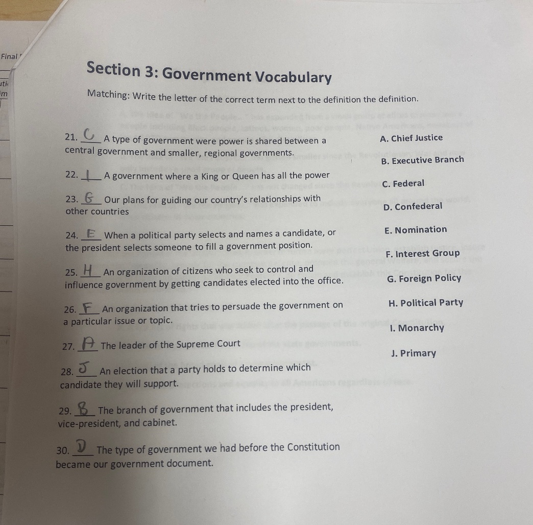 Matching: Write the letter of the correct | StudyX