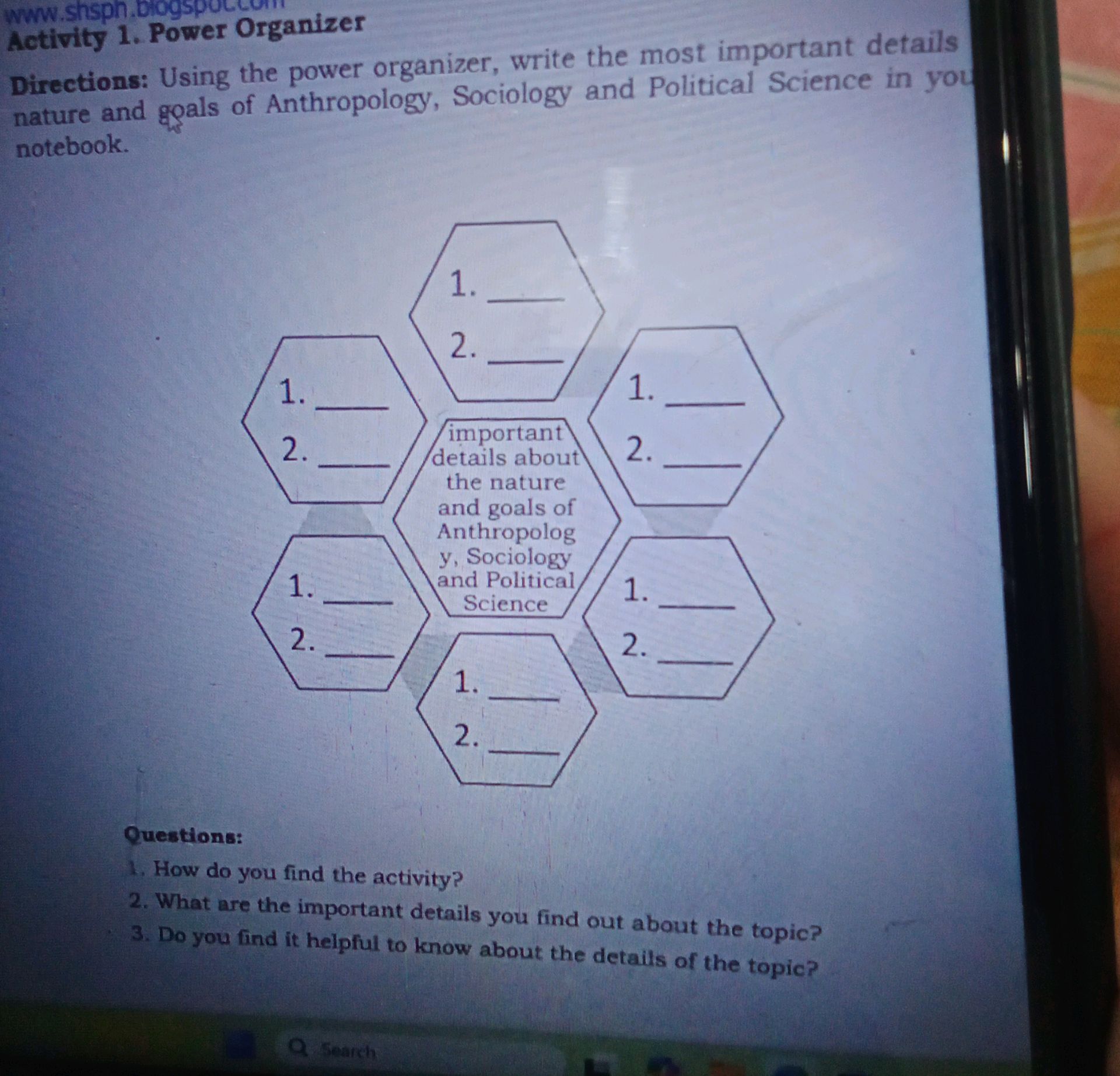 Directions: Using the power organizer, write | StudyX