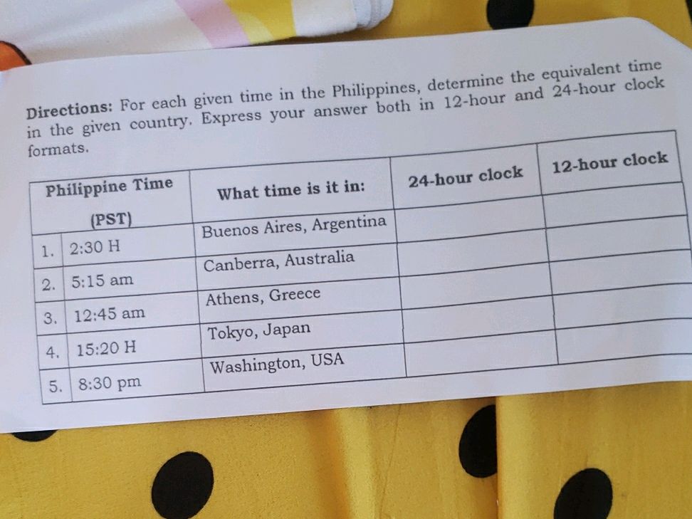 Directions: For each given time in the | StudyX