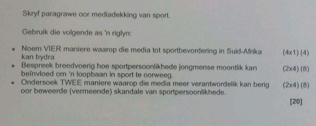 Skryf paragrawe oor mediadekking van sport. | StudyX