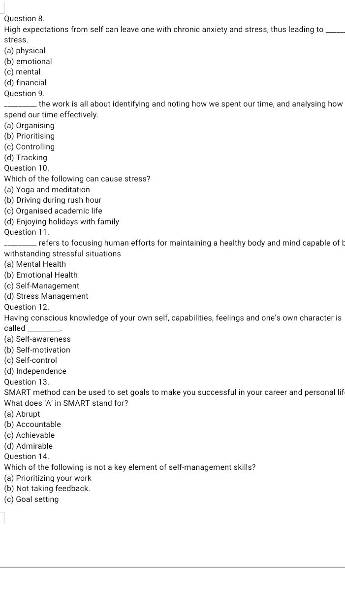 Question 8. High expectations from self can | StudyX