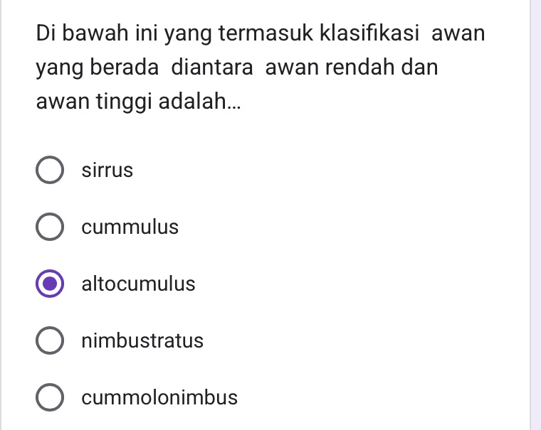 Di bawah ini yang termasuk klasifikasi awan | StudyX