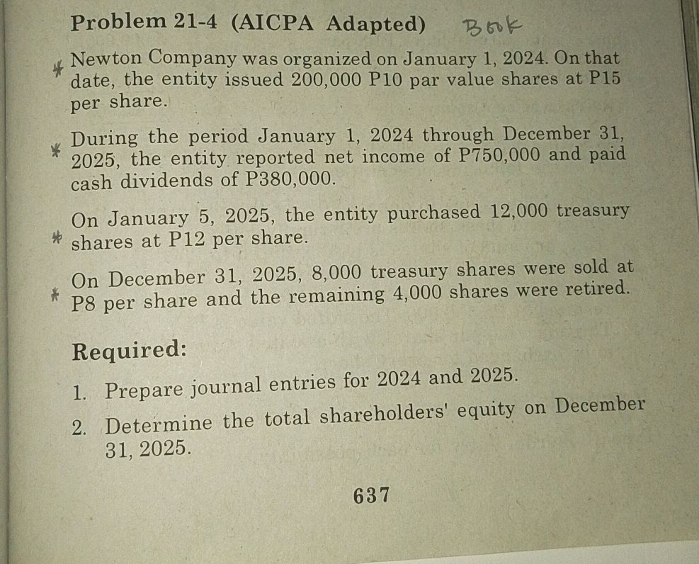 Problem 21-4 (AICPA Adapted) Newton Company | StudyX