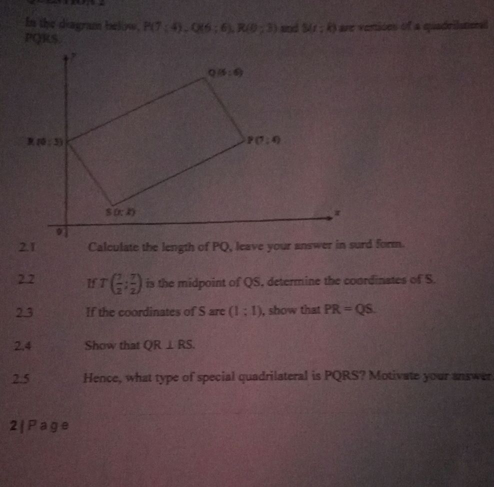 In the diagram below, P(7, 4), Q(6, 6), R(0, | StudyX