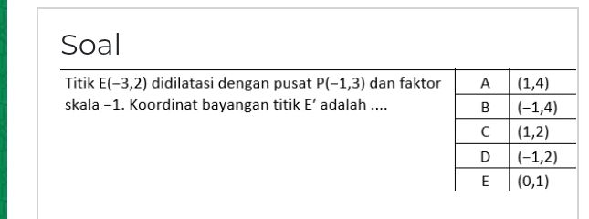 Titik E(-3,2) didilatasi dengan pusat | StudyX