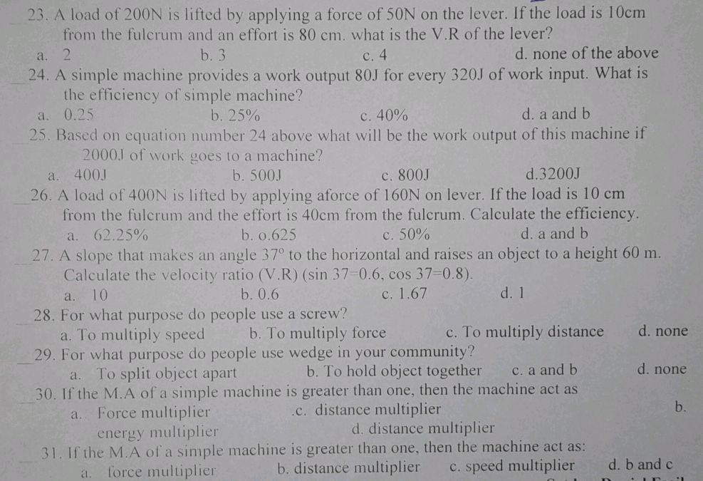 23. A load of 200N is lifted by applying a | StudyX