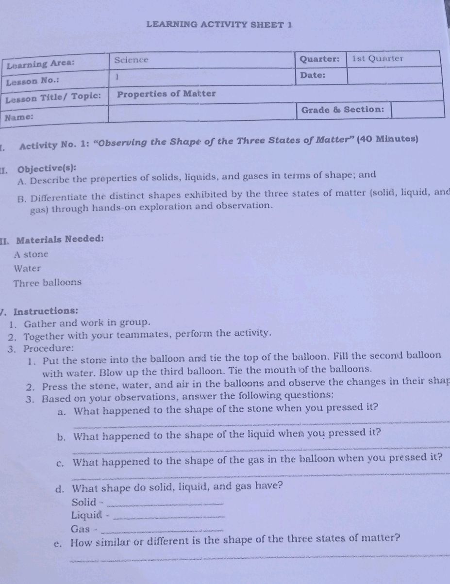 Activity No. 1: "Observing the Shape of the | StudyX