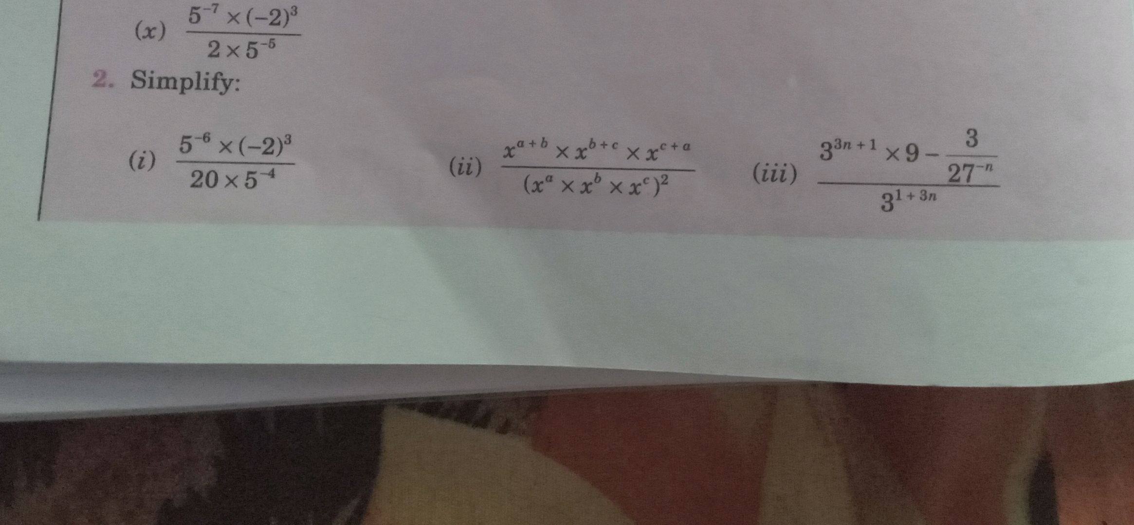 2. Simplify: (i) $ {5^{-6} (-2)^3}{20 | StudyX