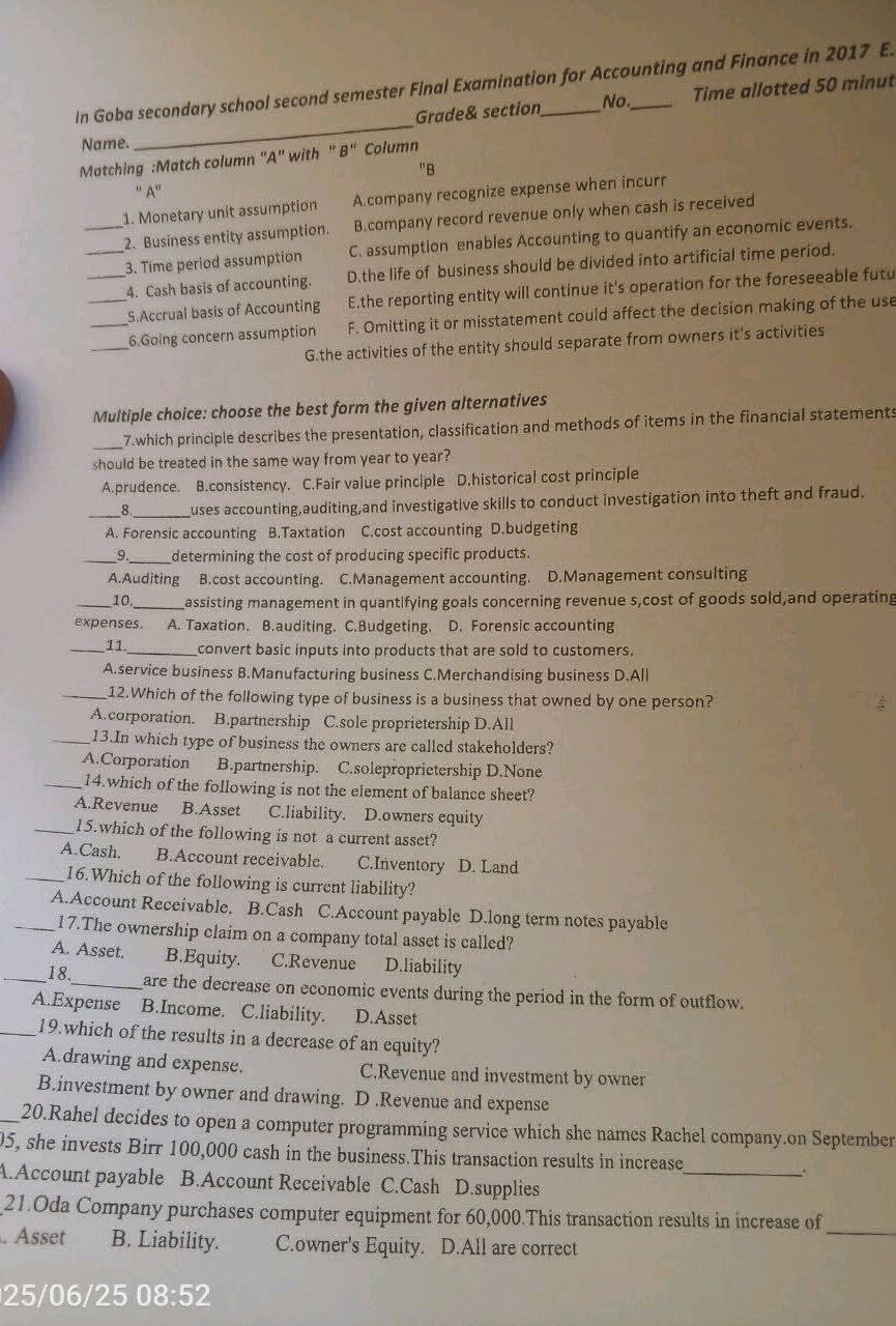 Matching: Match column "A" with "B" Column | StudyX