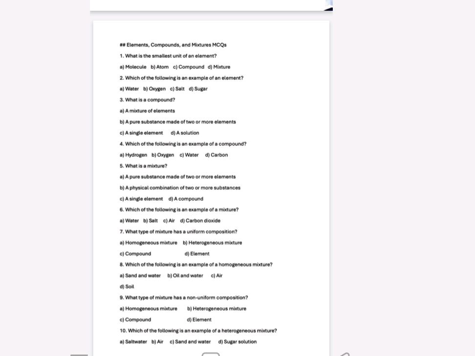 Elements, Compounds, and Mixtures MCQs 1.
