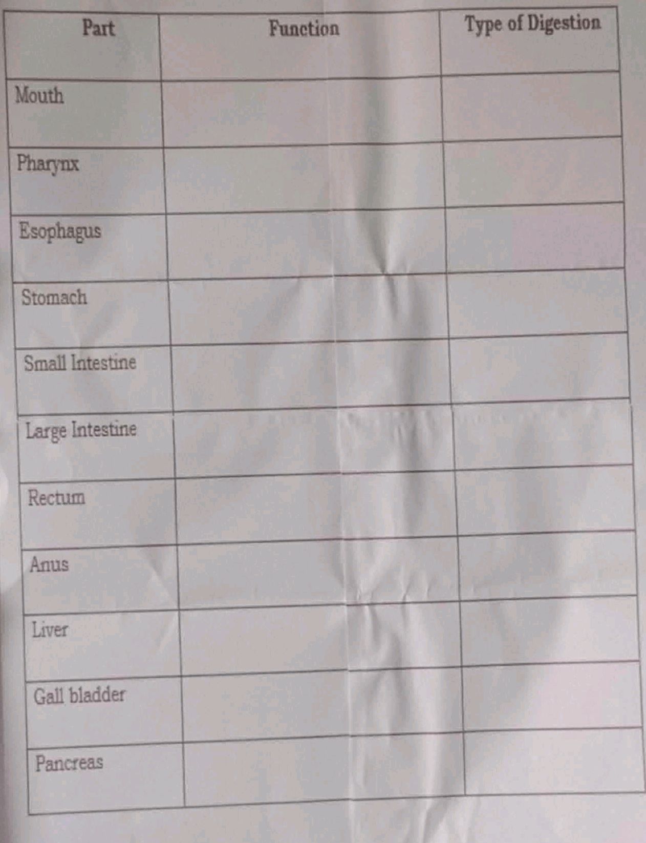 | Part | Function | Type of Digestion | | StudyX