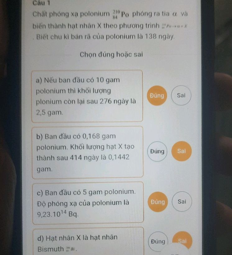 Câu 1 Chất phóng xạ polonium $^{210}{84}Po$