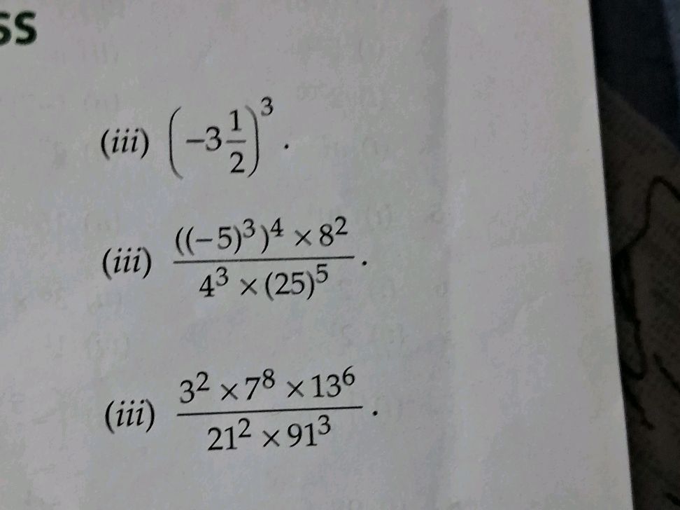 (iii) (-3 {1}{2} )^{3} (iii) {((-5)^{3})^{4}