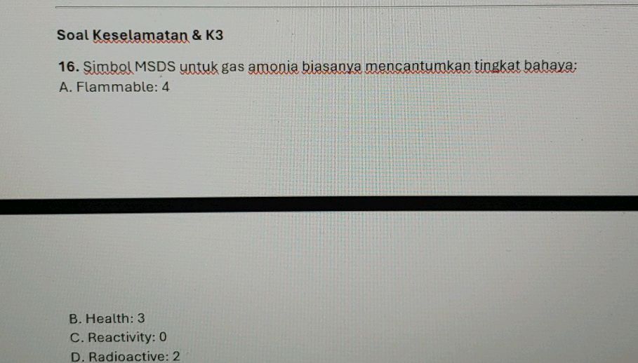 16. Simbol MSDS untuk gas amonia biasanya | StudyX