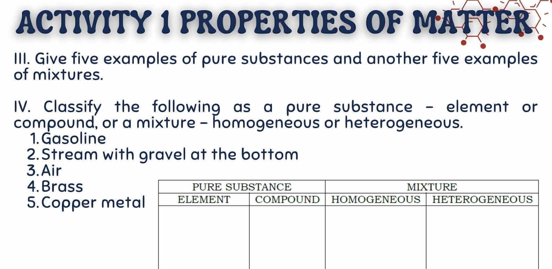 III. Give five examples of pure substances | StudyX