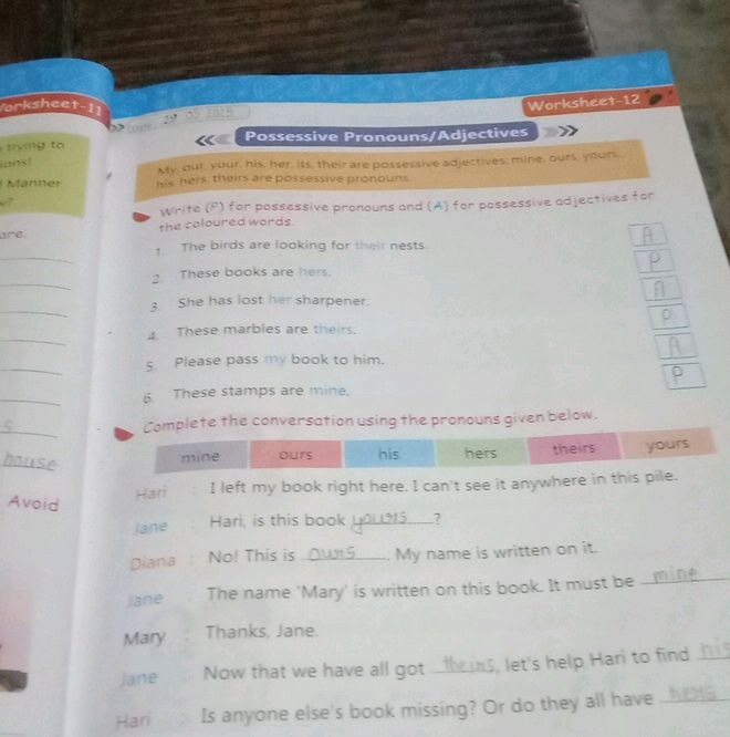 Write (P) for possessive pronouns and (A) | StudyX