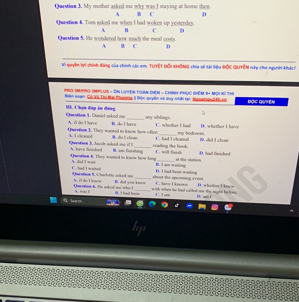 Question 3. My mother asked me why was I | StudyX