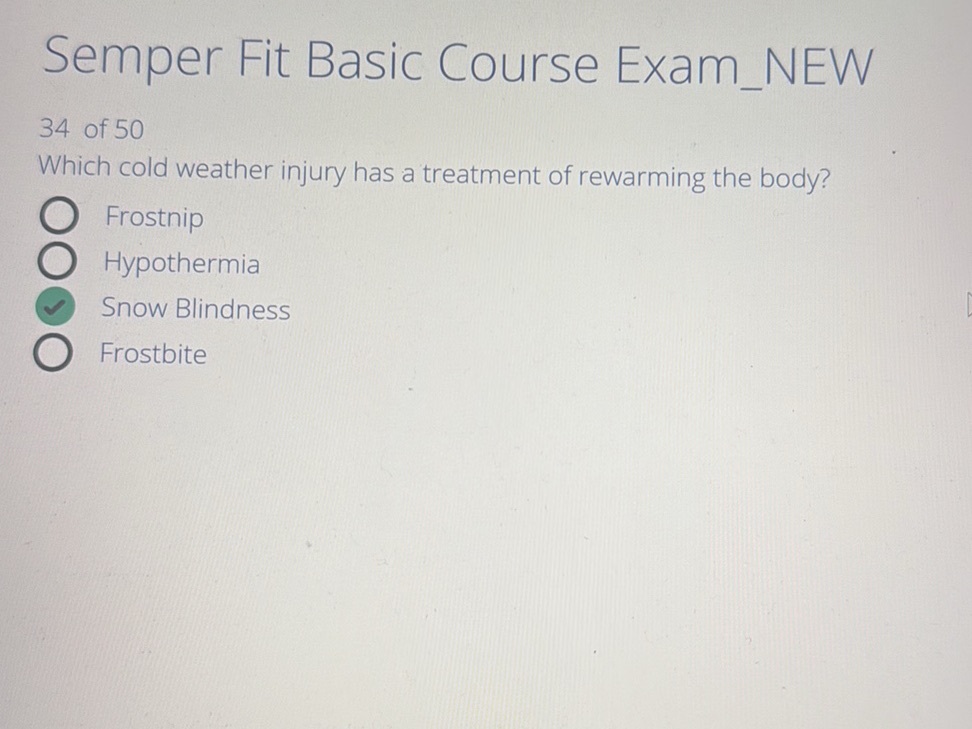 Which cold weather injury has a treatment of