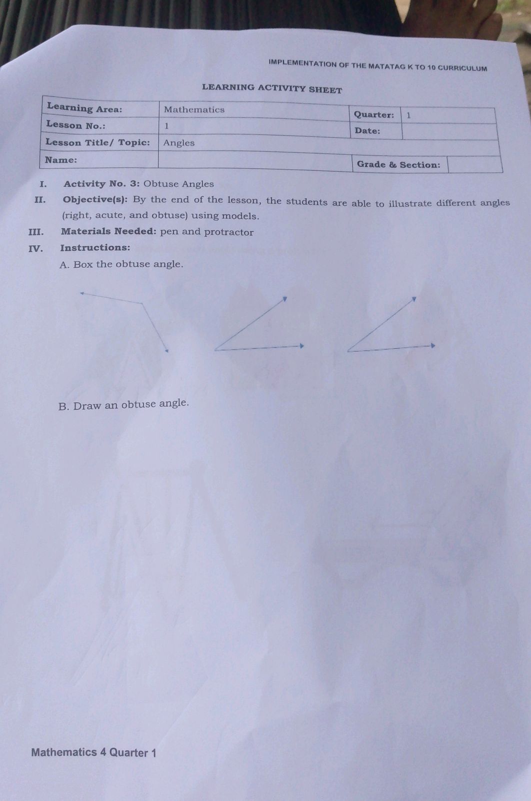 IV. Instructions: A. Box the obtuse angle. | StudyX
