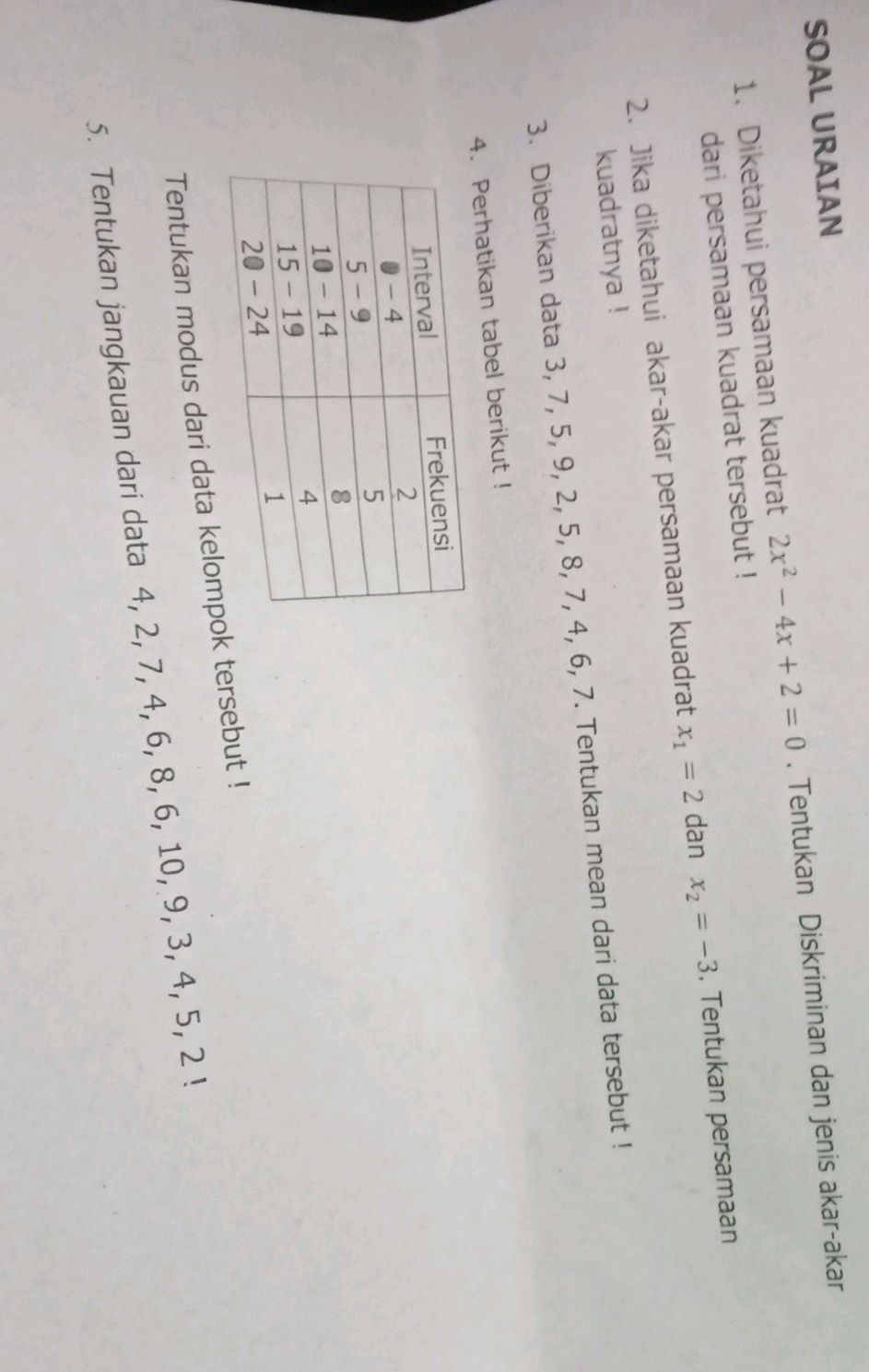 1. Diketahui persamaan kuadrat $2x^2 - 4x + | StudyX