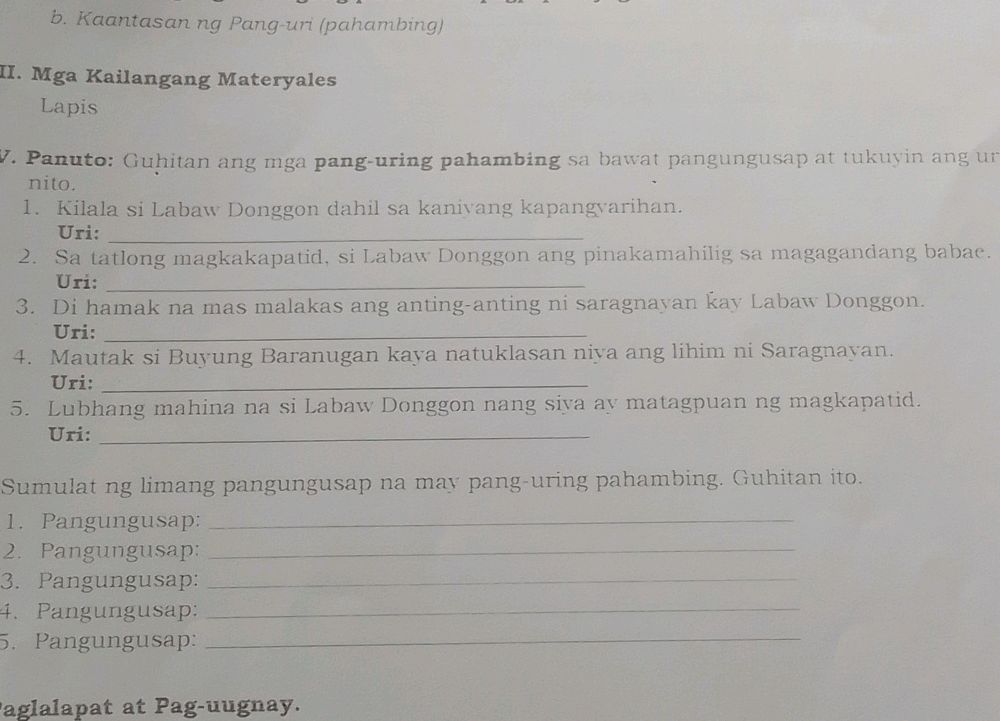 V. Panuto: Guhitan ang mga pang-uring | StudyX