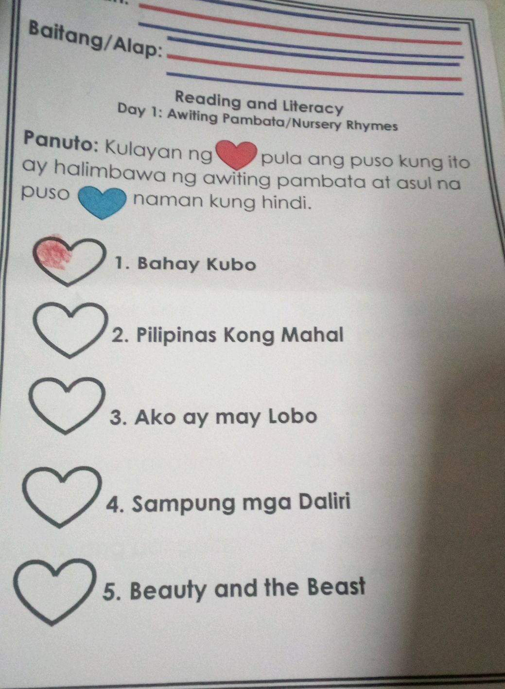 Panuto: Kulayan ng ️ pula ang puso kung ito | StudyX