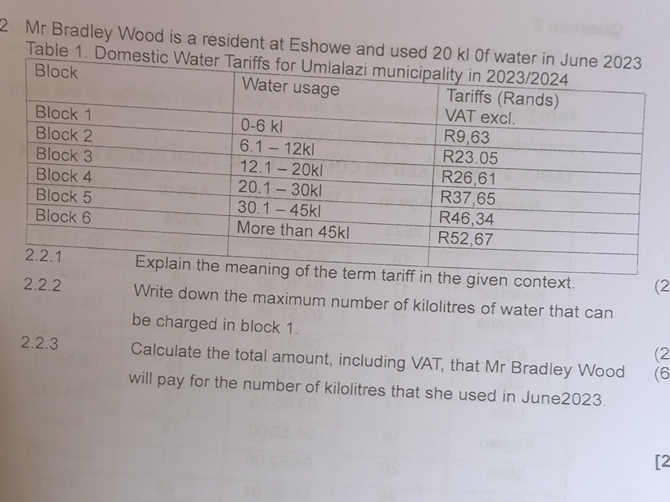 Table 1. Domestic Water Tariffs for Umlalazi | StudyX