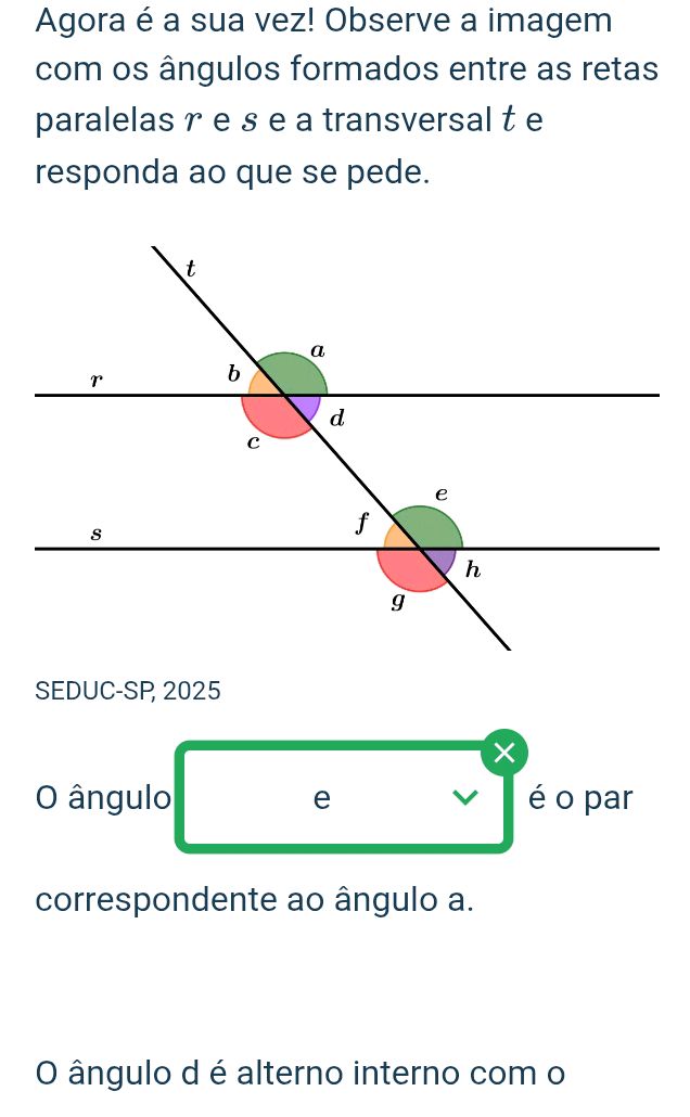 O ângulo e é o par correspondente ao ângulo | StudyX