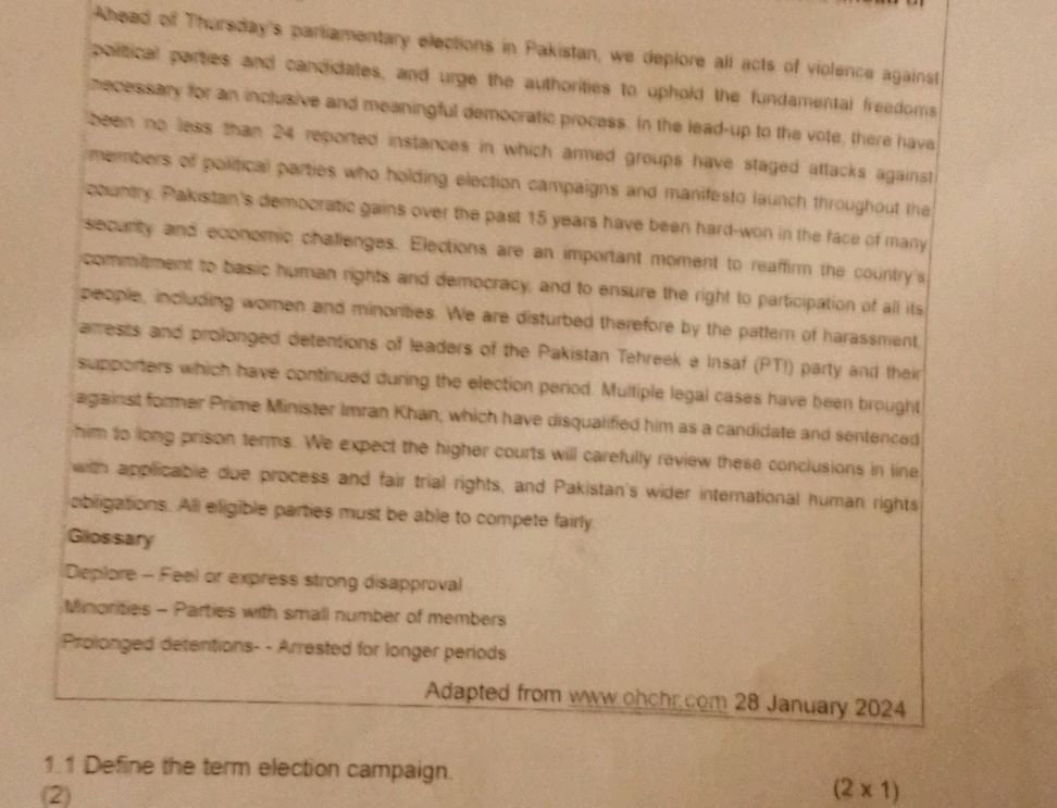 1.1 Define the term election campaign. (2) | StudyX