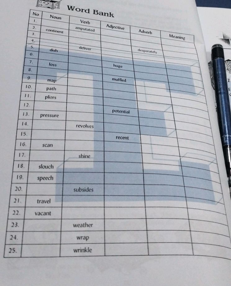 Word Bank | No | Noun | Verb | Adjective | | StudyX