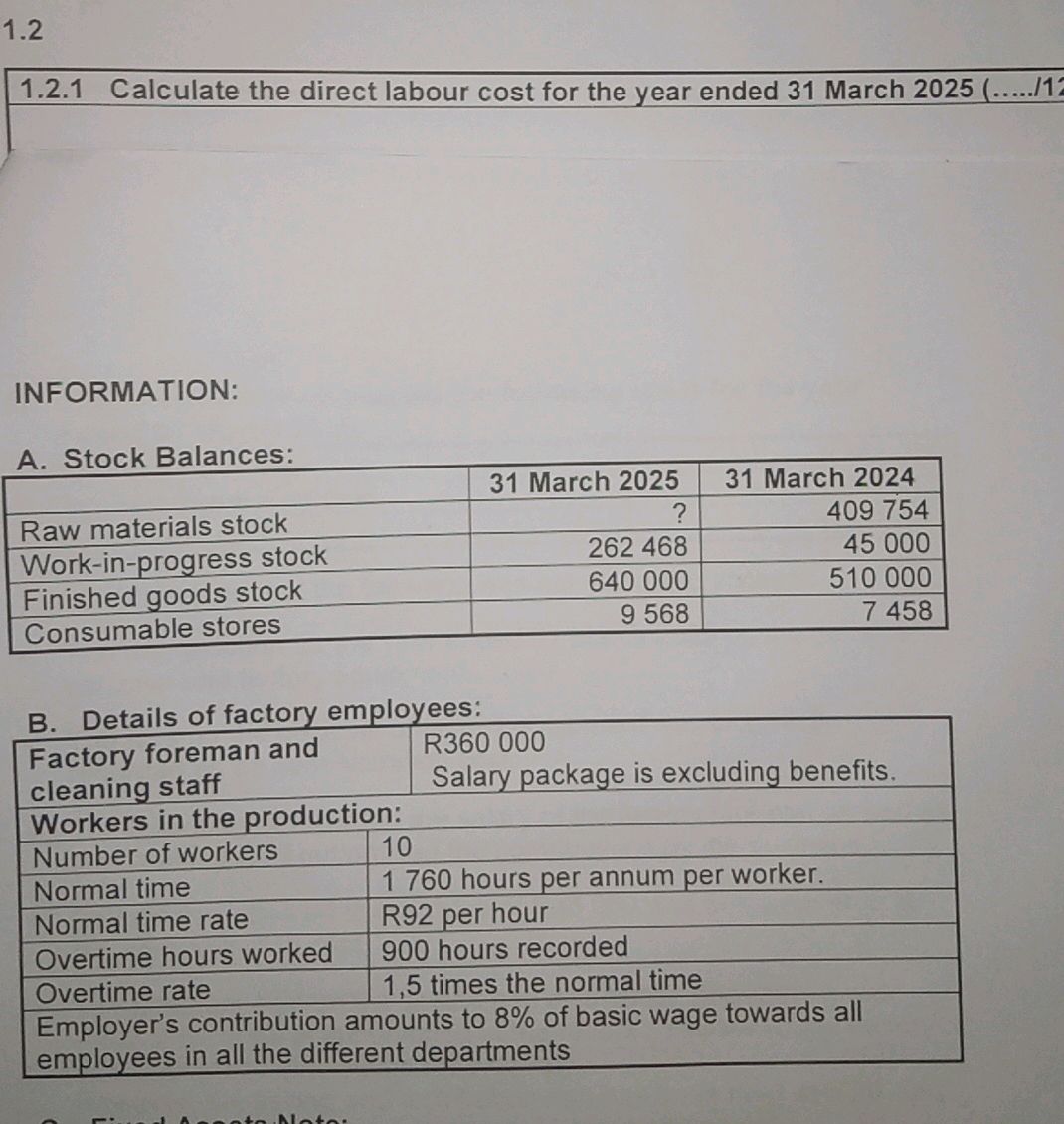 1. 2.1 Calculate the direct labour cost for | StudyX