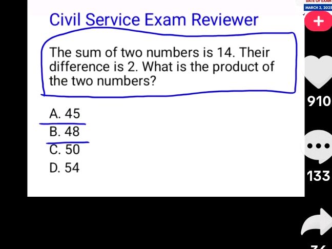 The sum of two numbers is 14. Their | StudyX