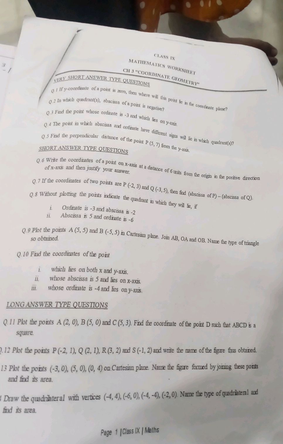 Q.1 If y-coordinate of a point is zero, then | StudyX