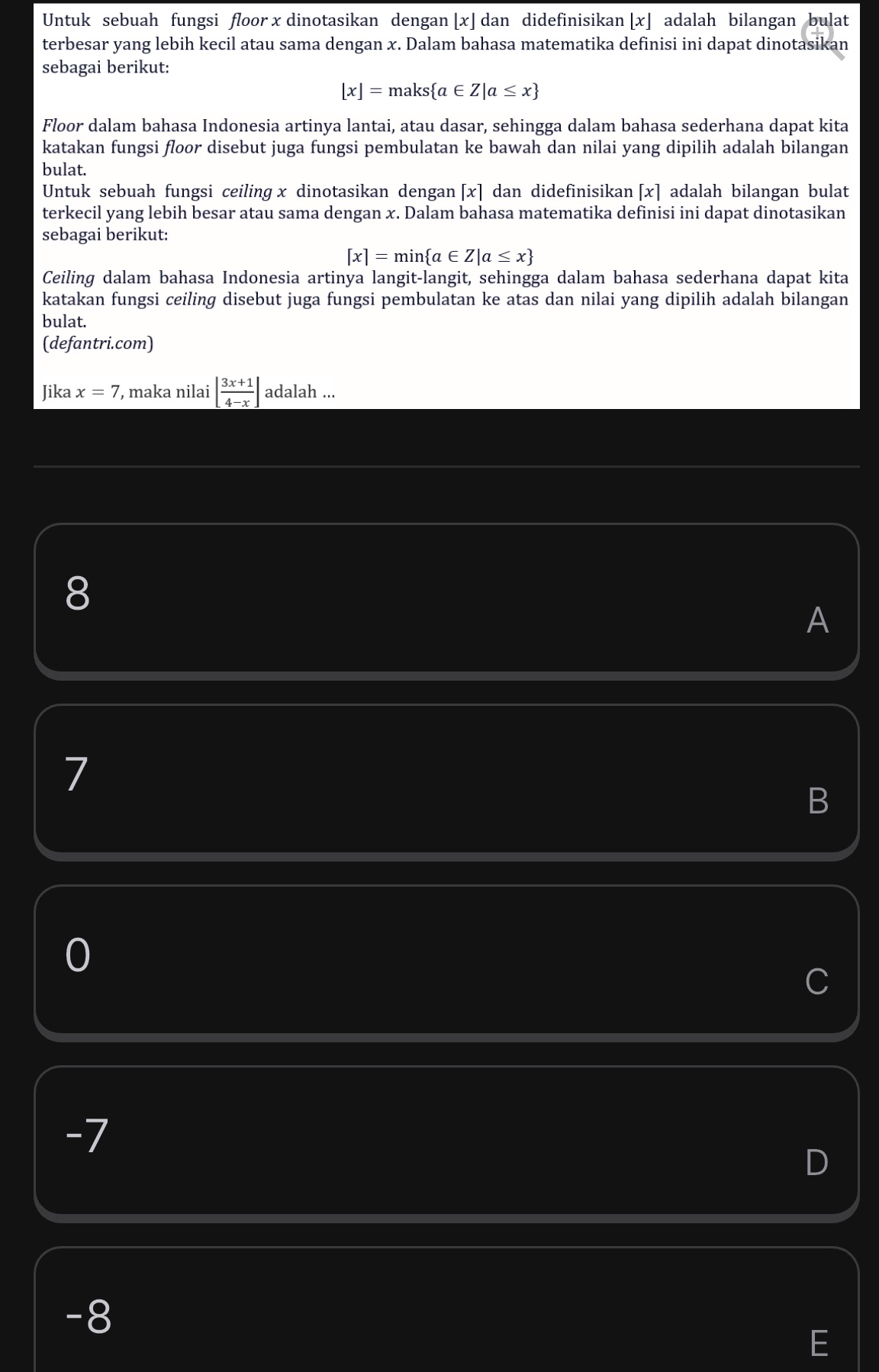 Jika $x = 7$, maka nilai $ {3x+1}{4-x} | StudyX