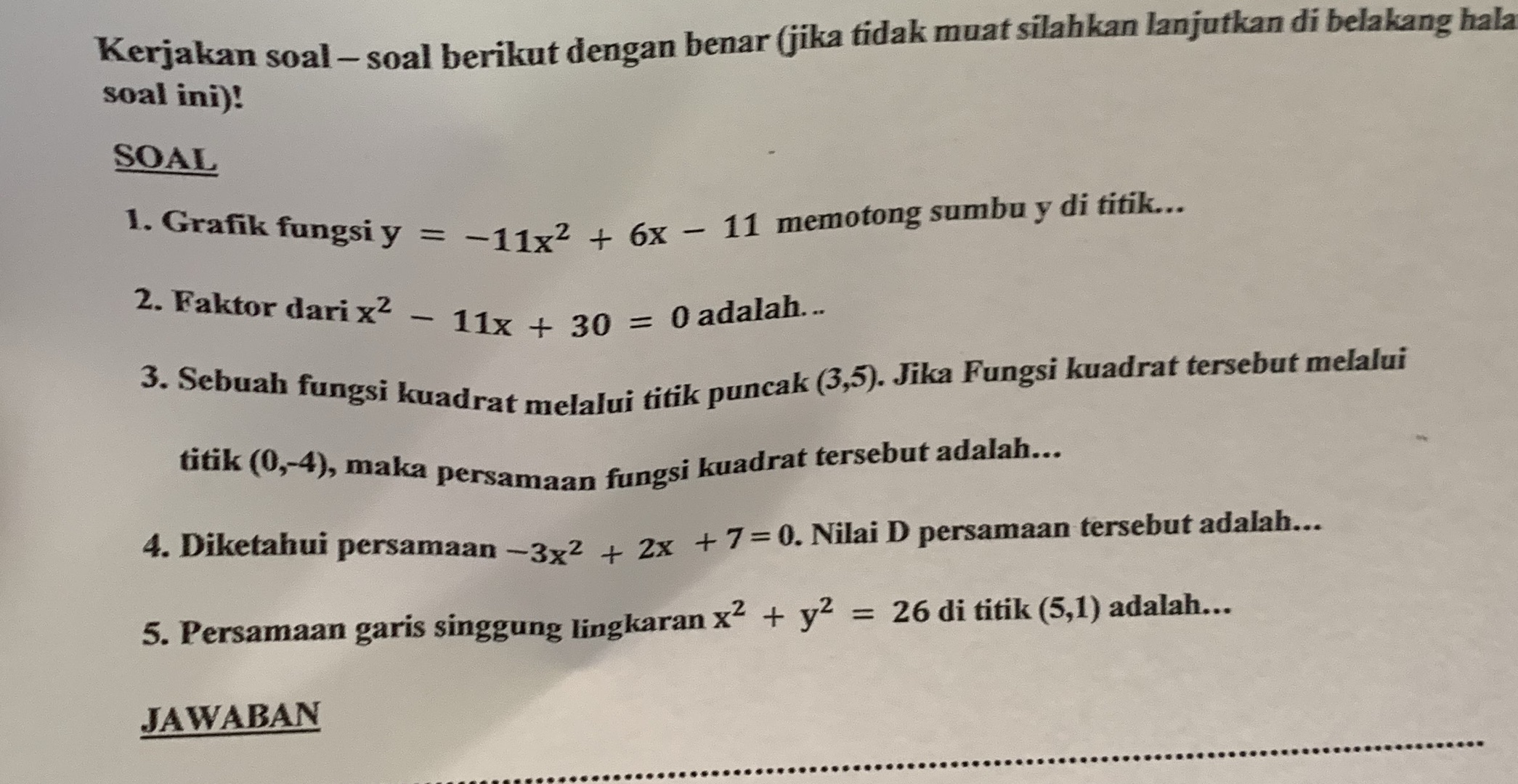 1. Grafik fungsi $y = -11x^2 + 6x - 11$ | StudyX