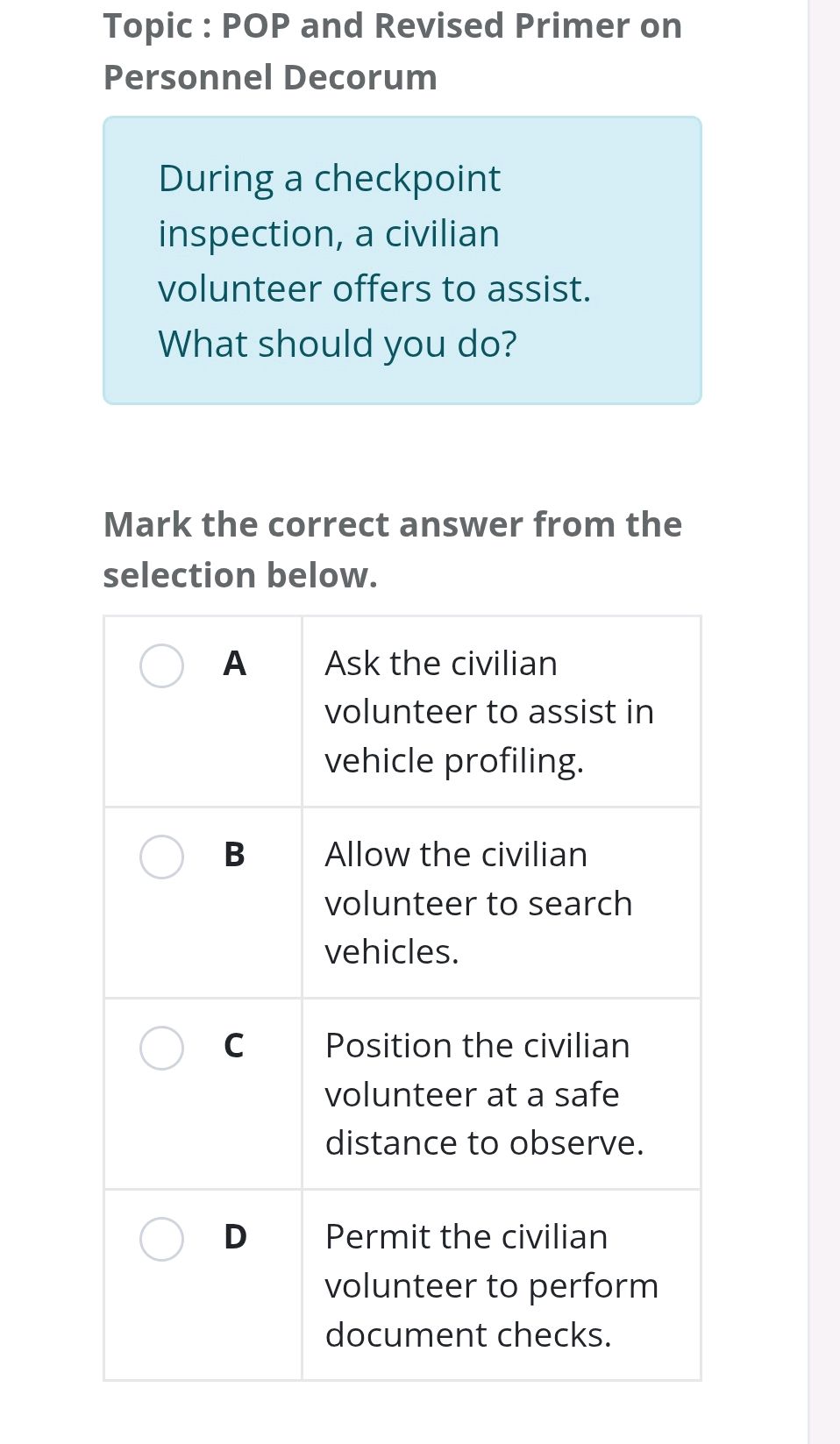 During a checkpoint inspection, a civilian