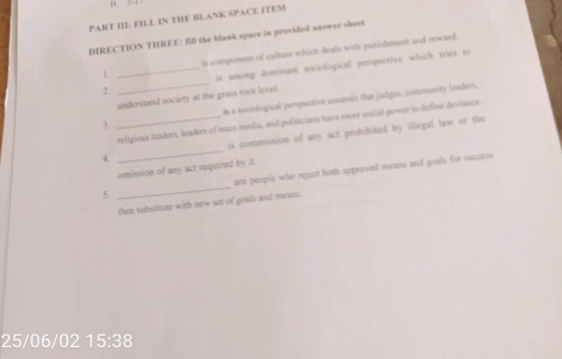 PART III: FILL IN THE BLANK SPACE ITEM | StudyX