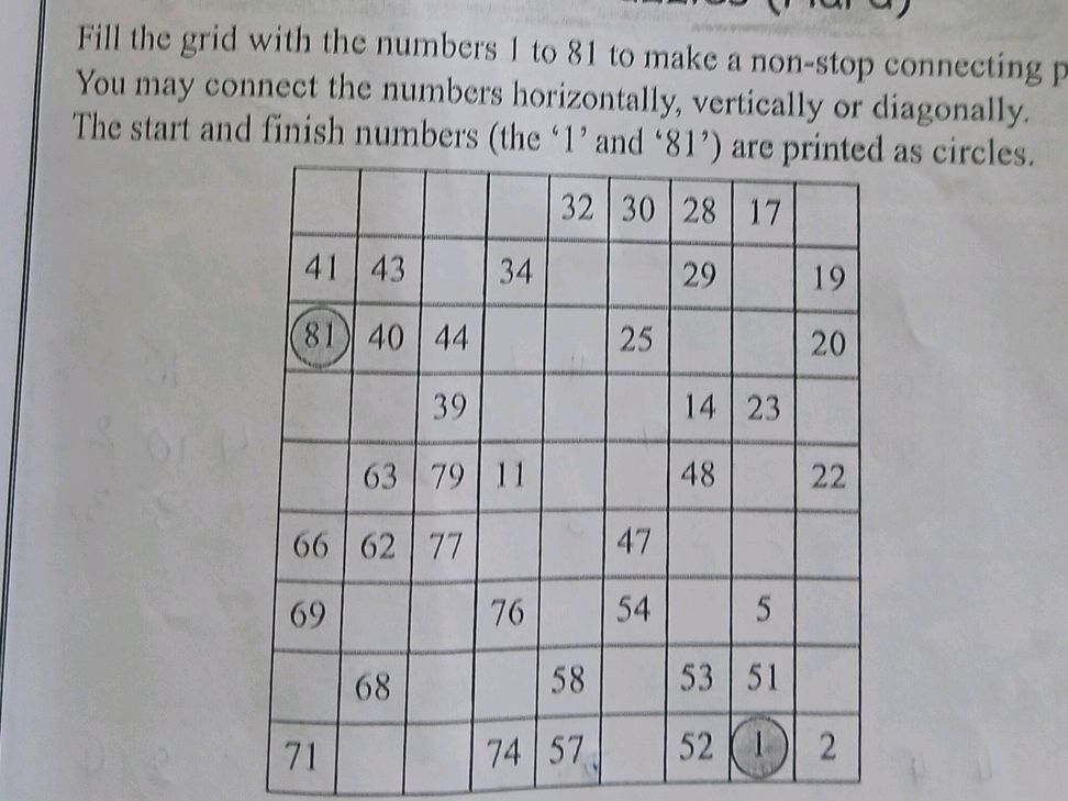 Fill the grid with the numbers 1 to 81 to | StudyX
